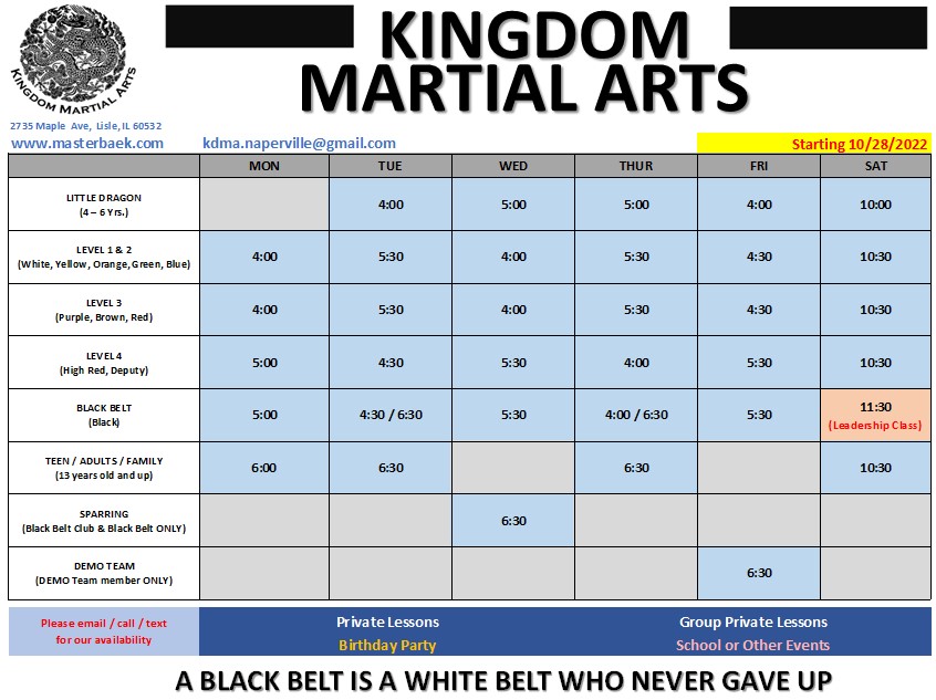 Class Schedule - Kingdom Martial Arts